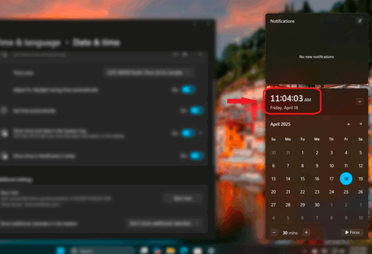 Display the time in the Windows 11 notification center